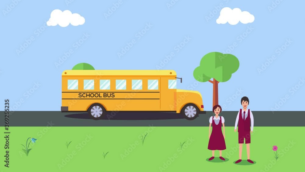 Cartoon two kids character waiting a school bus Stock Video | Adobe Stock