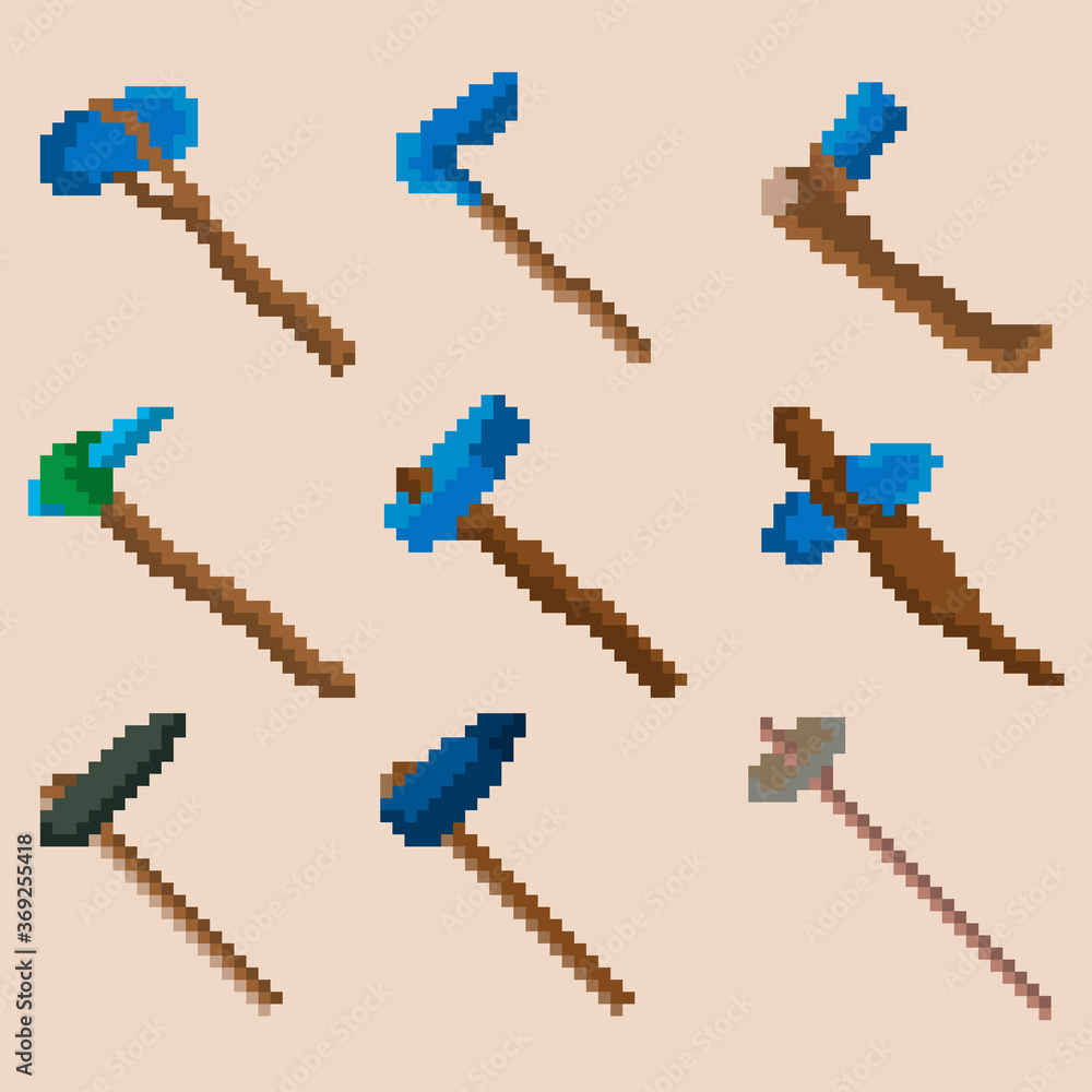 Set of nine pixel war hammers. Image for icons, games, sites and more ...