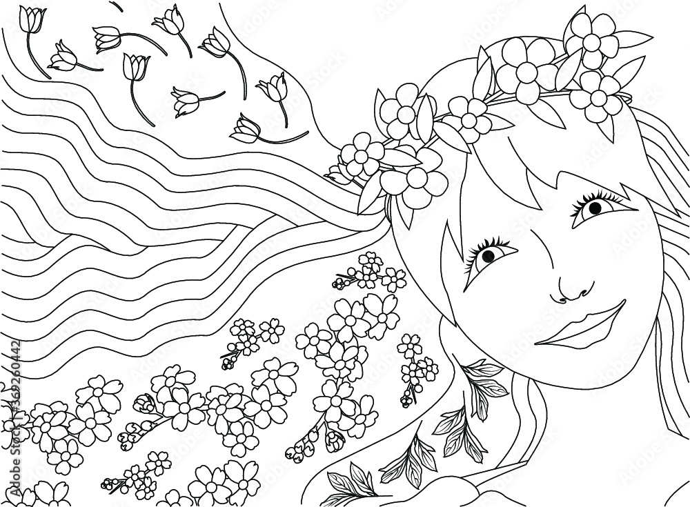 Spring girl portrait. Coloring page. Illustration for coloring book. A ...