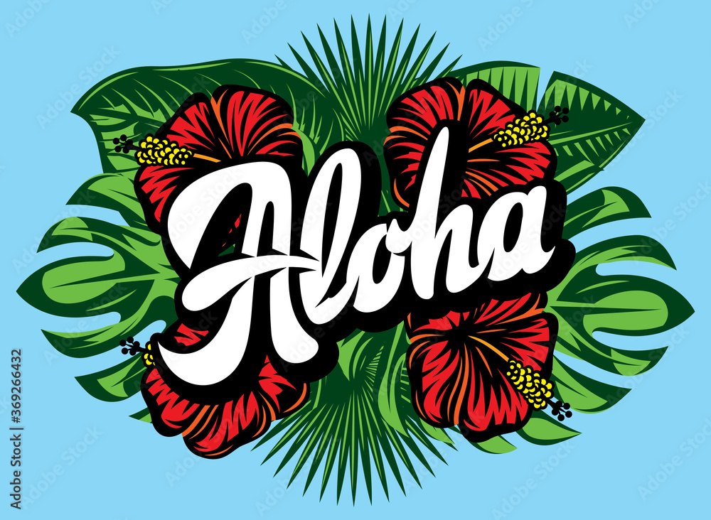 Vector illustration with Aloha lettering, palm leaves and hibiscus ...