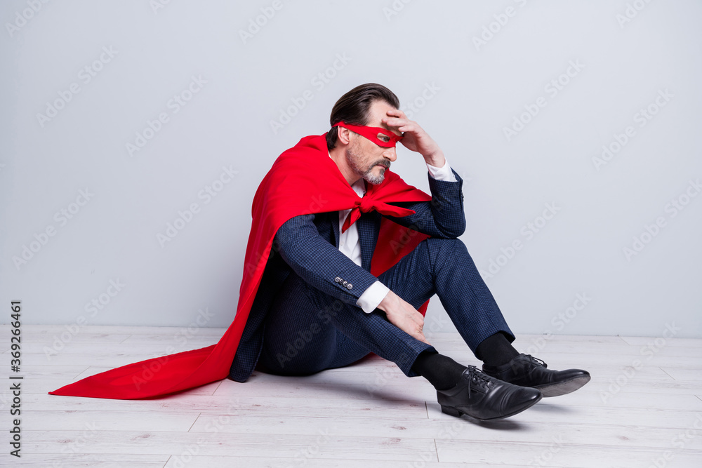 Full length photo of moody aged mature business guy superhero costume ...