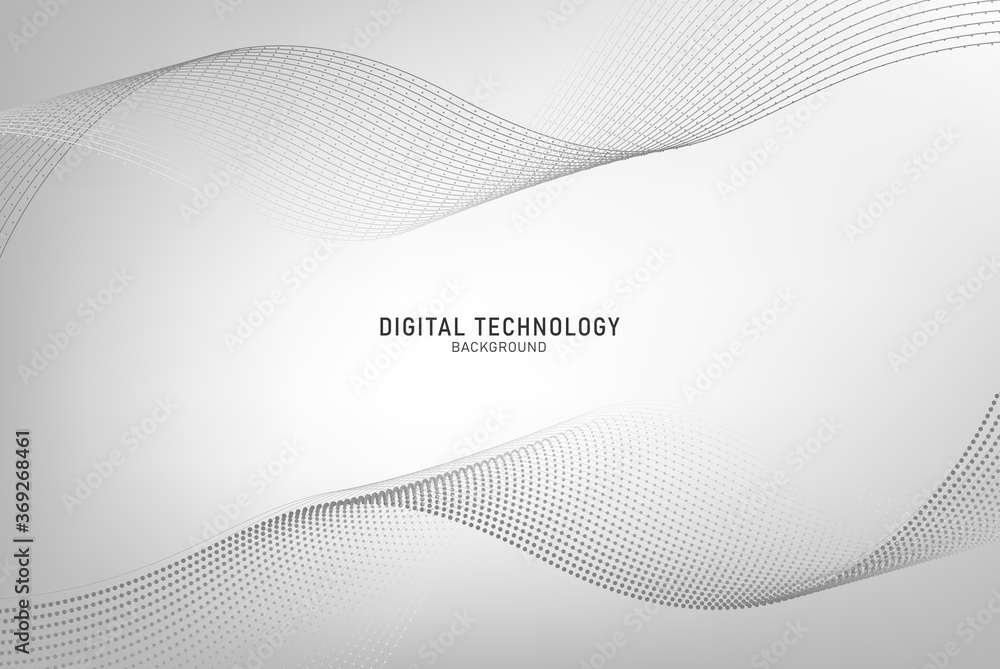 Abstract gray flowing dot line digital technology, smooth particle wave ...