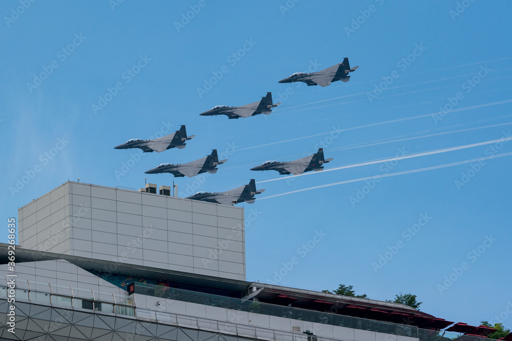 RSAF F-15SG fighter jets formation flyby near Marina Bay Sands. Stock ...