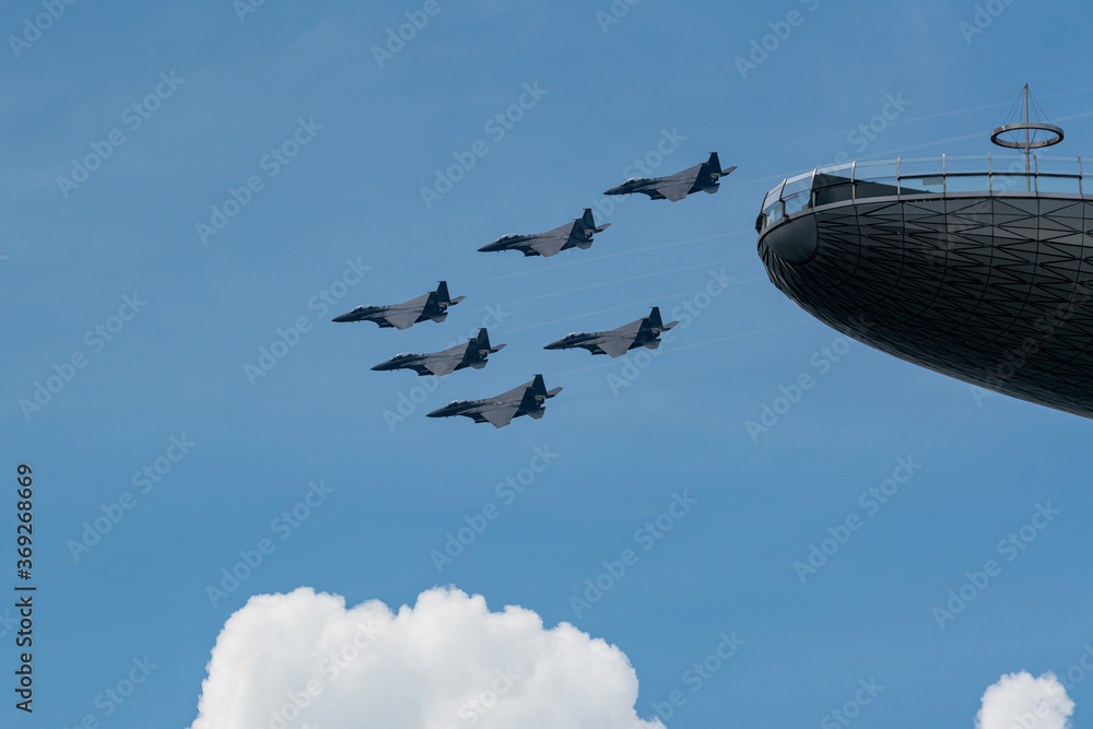 RSAF F-15SG fighter jets formation flyby near Marina Bay Sands. Stock ...