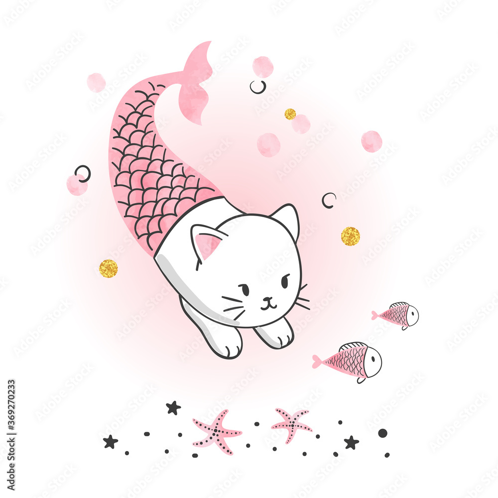 Cute cartoon cat mermaid vector illustration, Print for kids. Stock ...