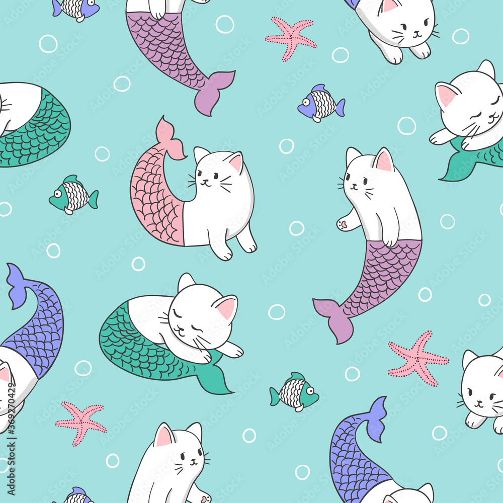 Seamless cartoon cat mermaid pattern. Vector sea background for kids ...