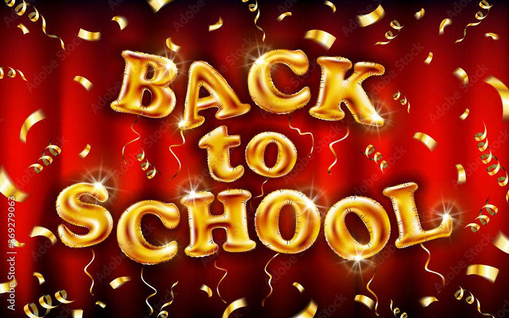 gold Welcome back to school red background golden flying balloons and ...