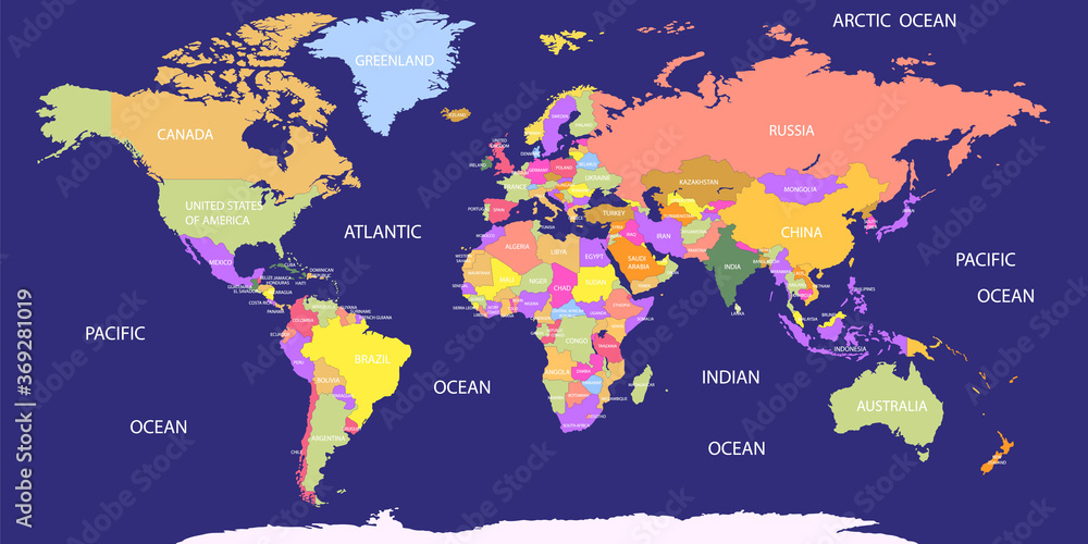 Colorful world map with all countries names. High Detail World map ...