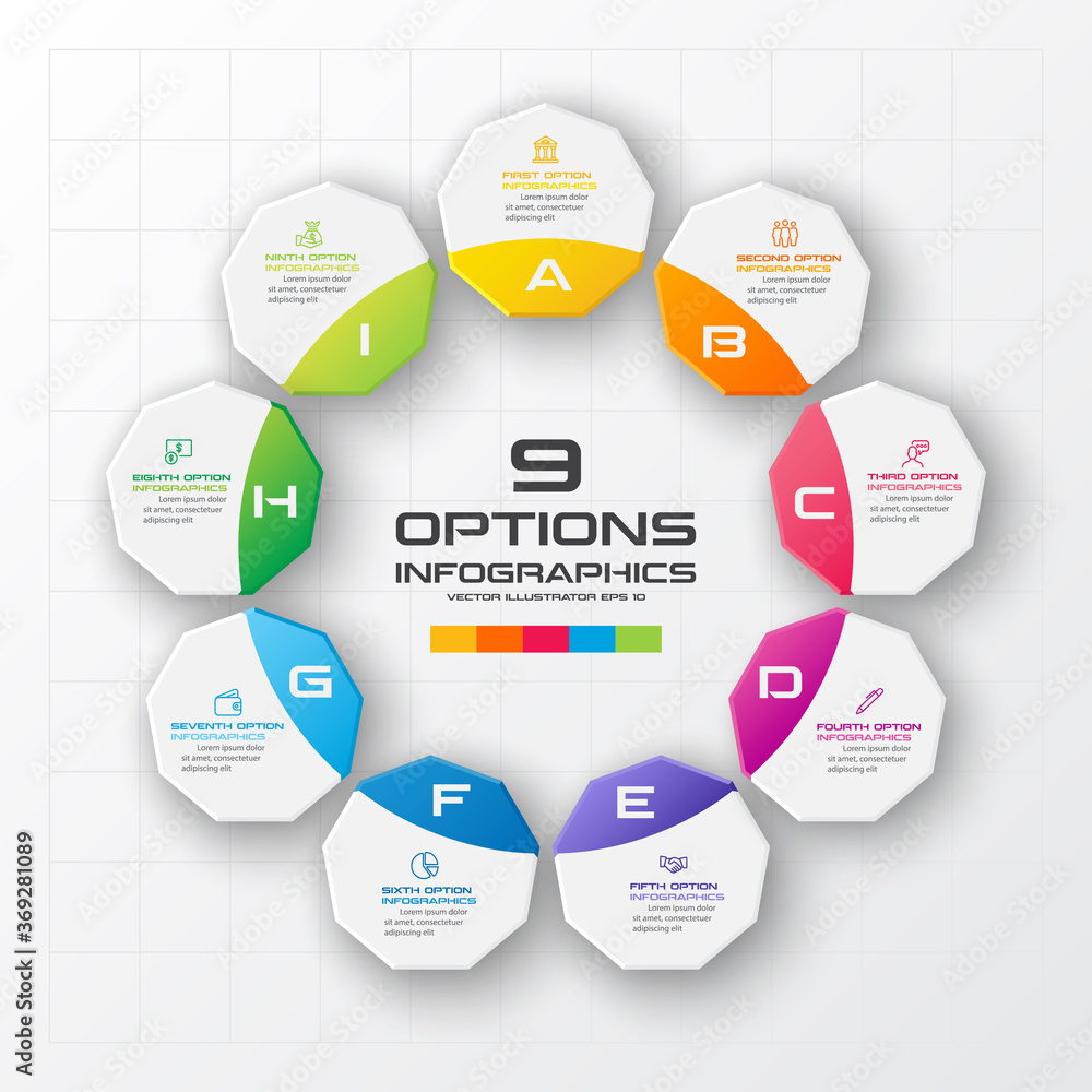 Nonagon infographic,Colorful template with 9 options,Vector ...
