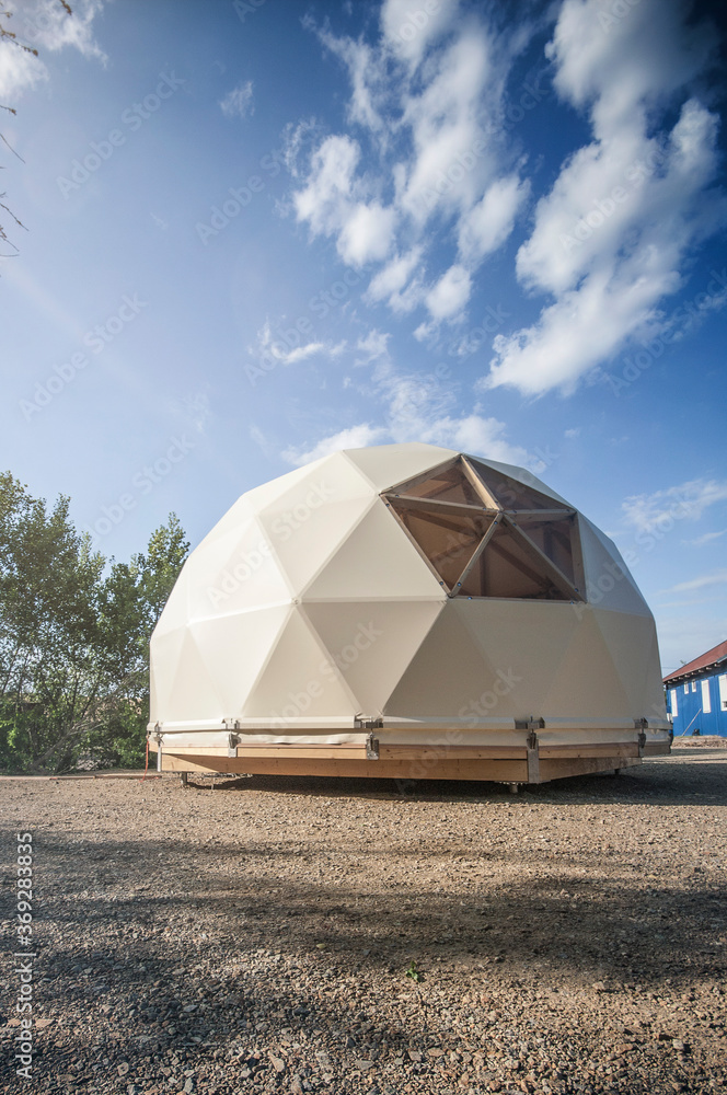 Large geodesic dome tent. Modern outdoor glamping tent. Stock Photo ...