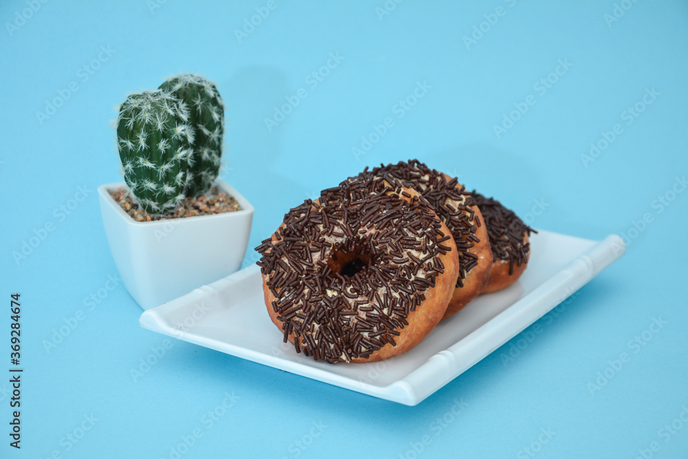 Donut cake with brown grain, there are cactus tree accessories set in ...
