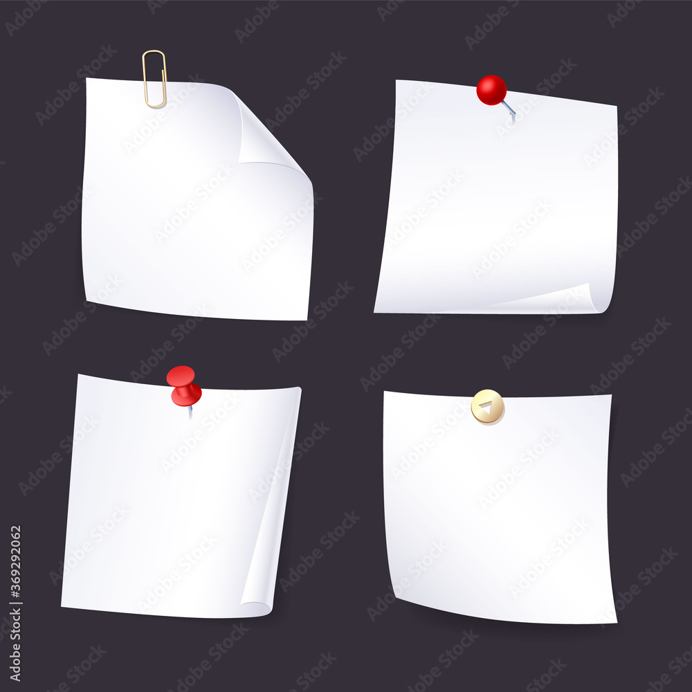 Realistic set sticky note. White paper. Collection of various white ...