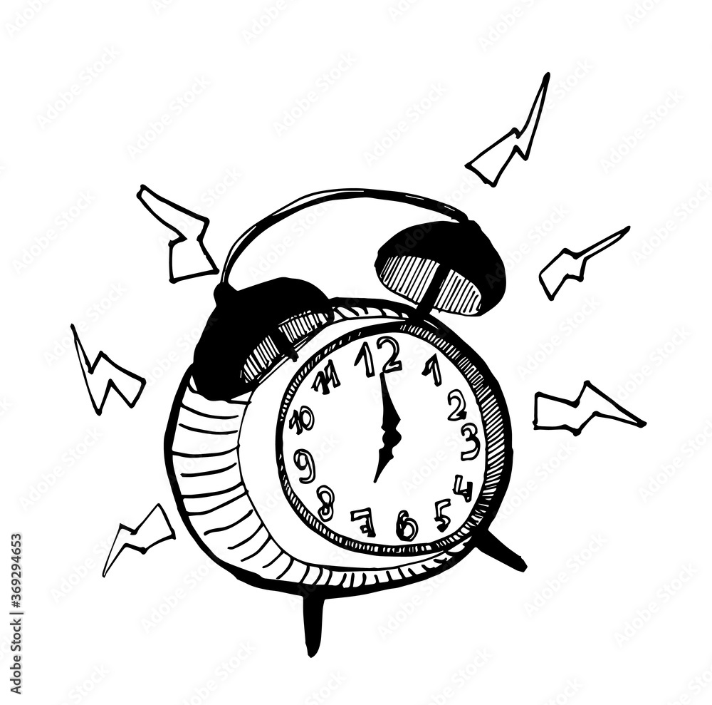 Vector black and white illustration of alarm clock is ringing. Element ...