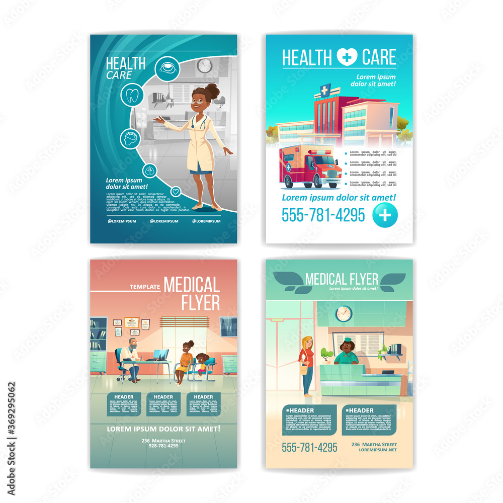 Medical flyers set. Health care service posters with people in hospital ...