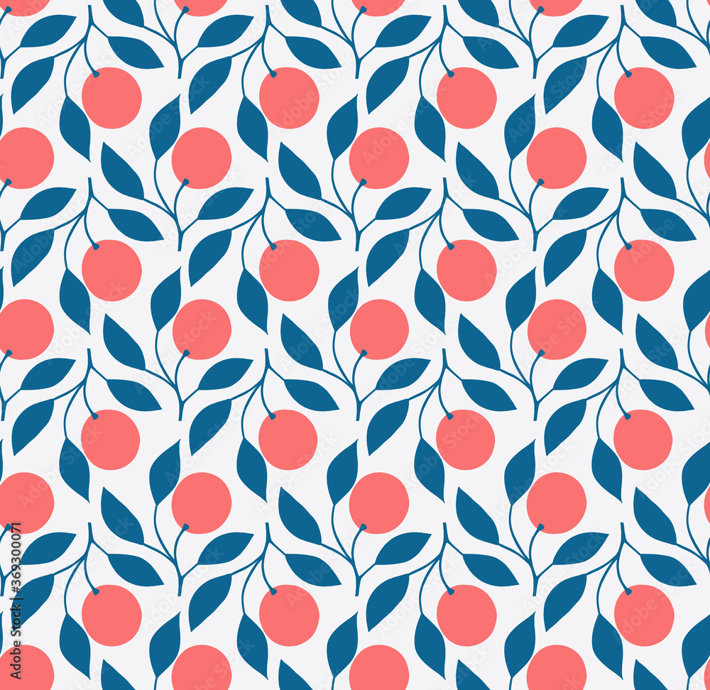 Motif of peach on branch with blue teal leaves in a wavy repeat. Retro ...