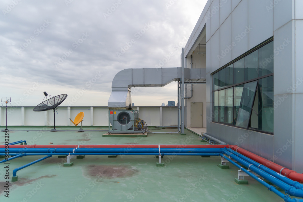 Chiller tower or cooling tower on rooftop of a office building. System ...
