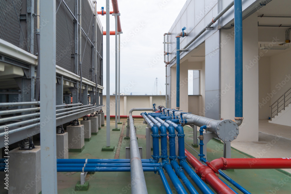 Chiller tower or cooling tower on rooftop of a office building. System ...