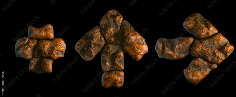 Set of rocky symbols plus, up arrow and right arrow. Font of stone on ...