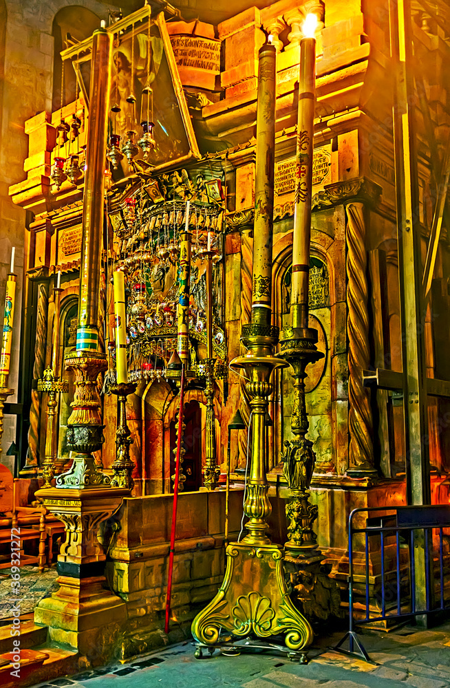 The ancient Aedicule in Church of Holy Sepulchre, on Feb 16, 2016 in ...