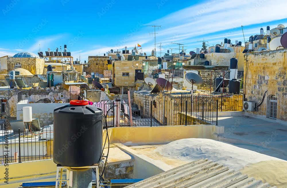 The world of water storage tanks on roofs of Jerusalem, Israel Stock ...