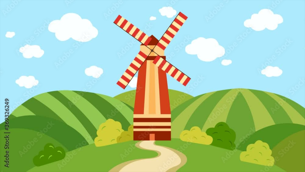 Bright animated mill with rotated blades on green hill. Wind, clouds ...