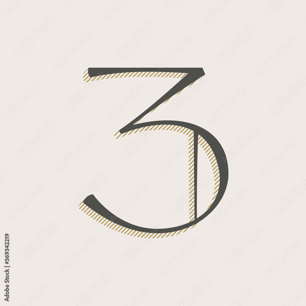 Elegant number three serif font. Classic thin pen lettering with shadow ...