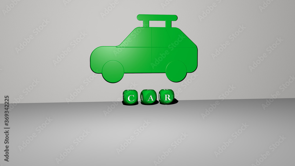 3D illustration of CAR graphics and text made by metallic dice letters ...