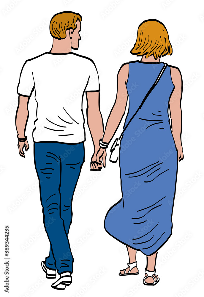 Vector drawing of couple young citizens walking outdoors Stock Vector ...