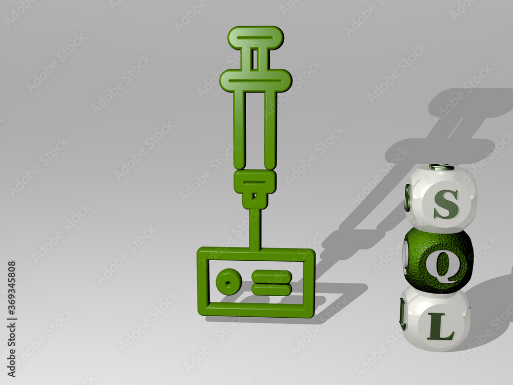 3D representation of SQL with icon on the wall and text arranged by ...