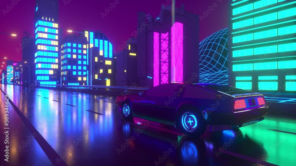 80s retro background 3d loop animation. Futuristic car drive through ...