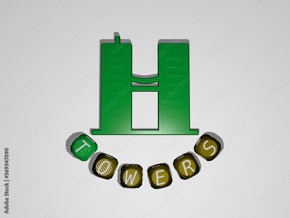 3D illustration of towers graphics and text around the icon made by ...