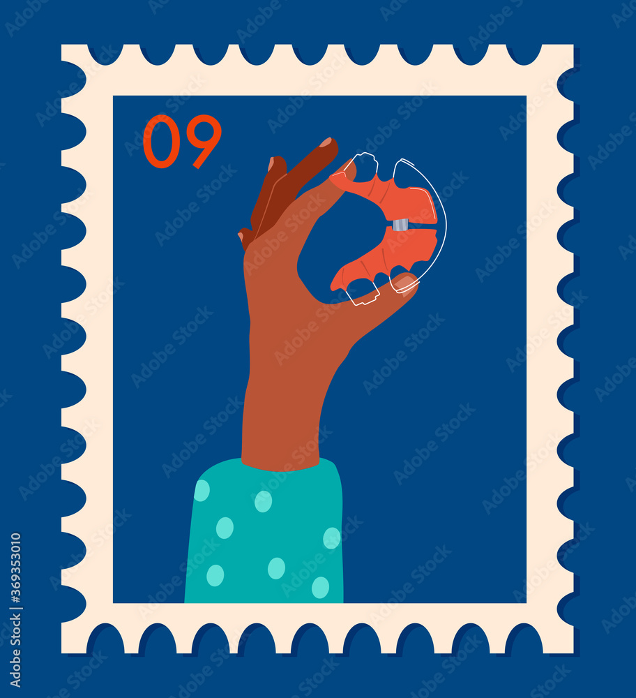 Female hands holding braces or orthodontic retainers. Vintage retro ...