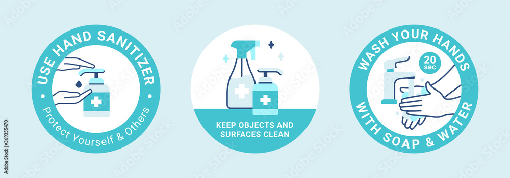 Modern safety information labels in green color. COVID-19 signs about ...