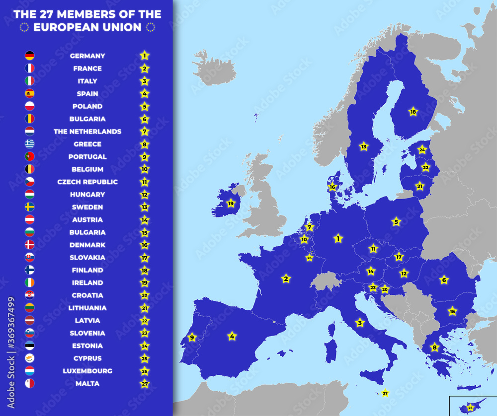 A map detailing the 27 member states of the European Union, marked with ...
