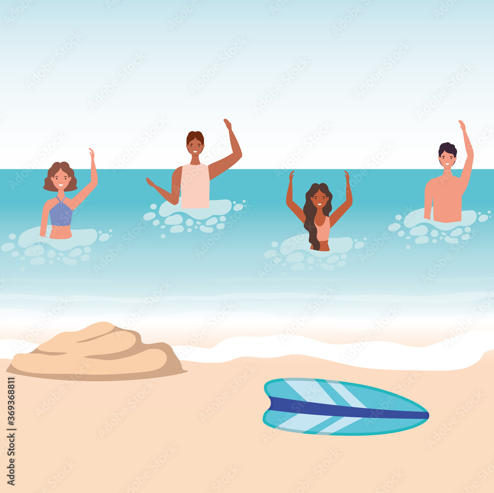 Girls and boys cartoons with swimsuit in the sea in front of the beach ...