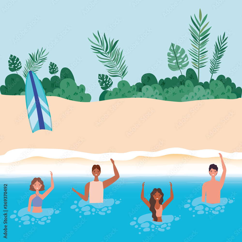 Girls and boys cartoons with swimsuit in the sea in front of the beach ...