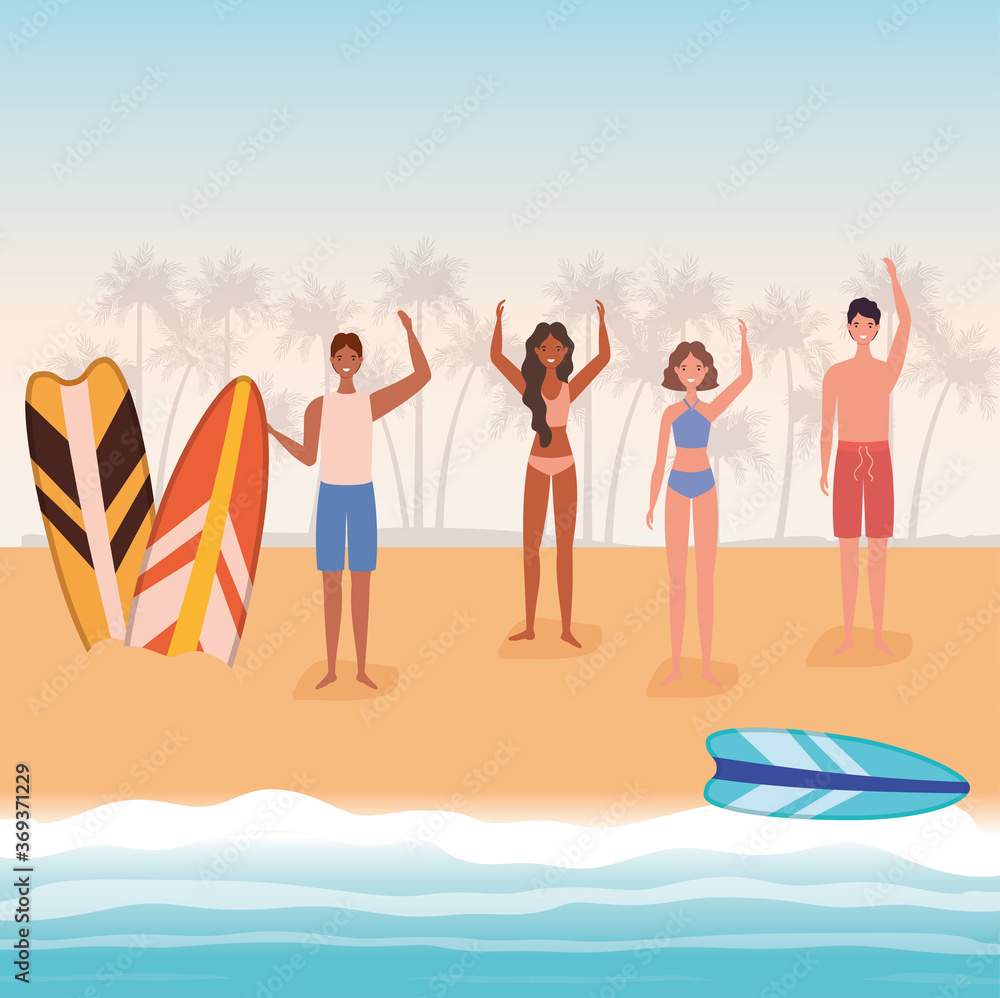 Girls and boys cartoons with swimsuit at the beach with surfboards ...