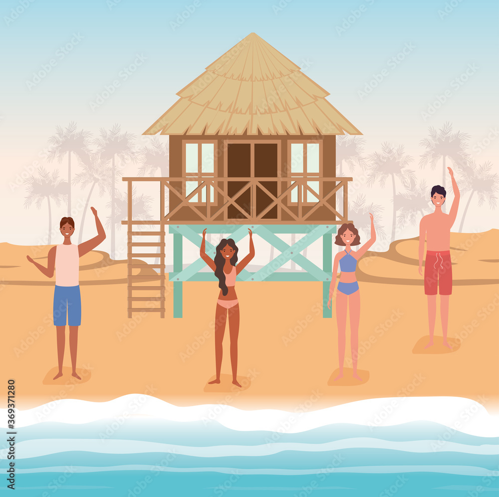Girls and boys cartoons with swimsuit at the beach with hut design ...