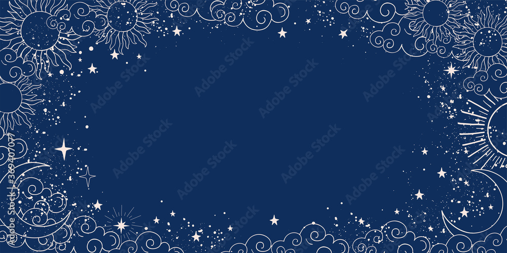 Blue space background with sun, moon and stars with place for text ...
