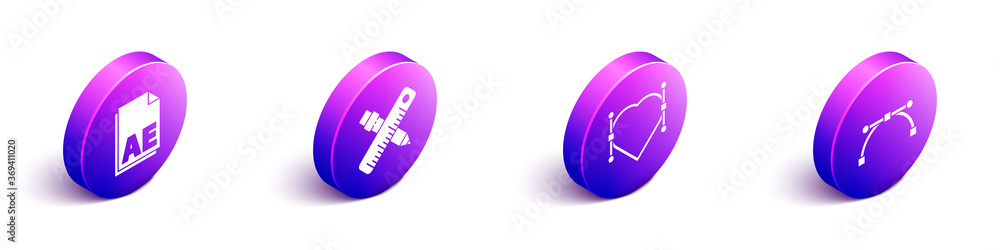 Set Isometric AE file document, Crossed ruler and pencil, Heart with Bezier curve and Bezier ...