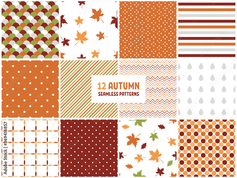 12 Autumn seamless patters. Seamless background with fall leaves, polka ...