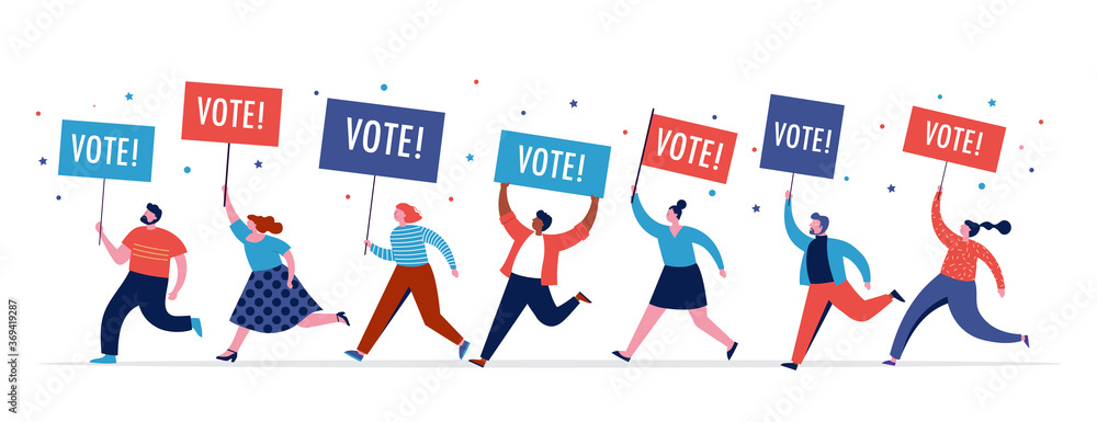 Group of people, walking with flags to elections. Crowd of women and ...