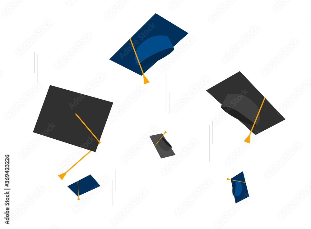 Graduation hats flying vector, academic caps throwing in the sky air ...