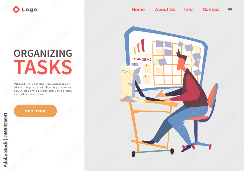 Website concept. Man sitting at table, using laptop, making paper work ...