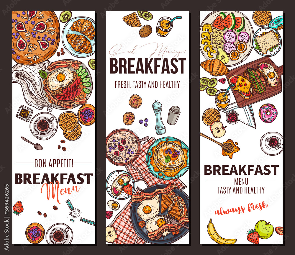 Vetor de Healthy breakfast and brunches vector sketch vertical banners ...