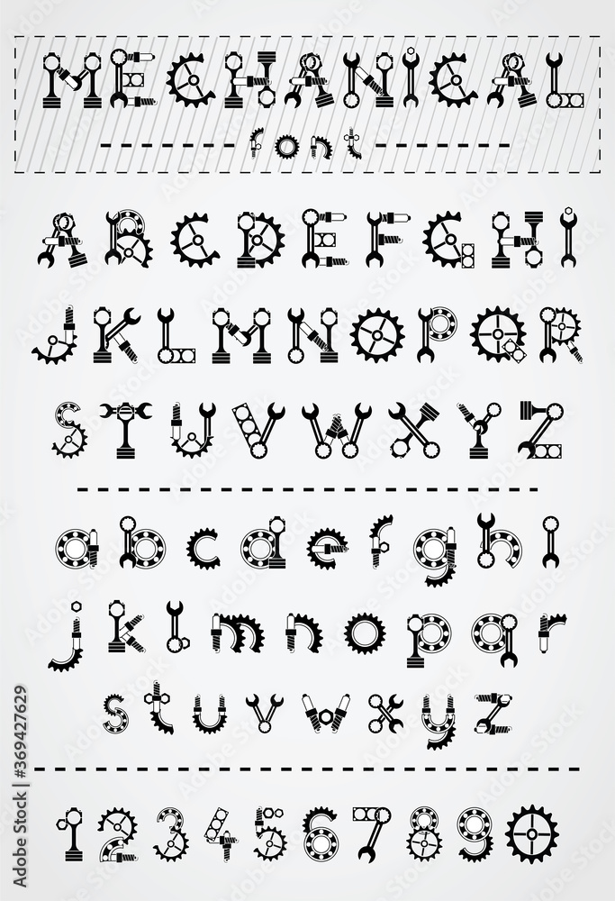 Mechanical black font. Vintage steampunk alphabet for logo and text ...