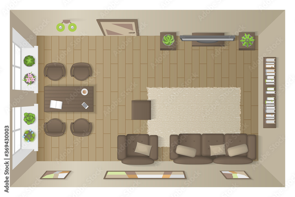 Interior for living room. (top view) Room, furniture, interior elements ...