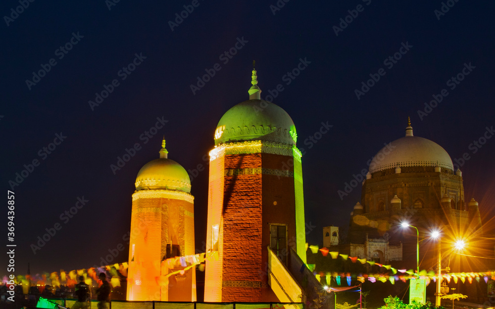 night photography of Multan fort with shrine of shsh rukn e alam Stock ...