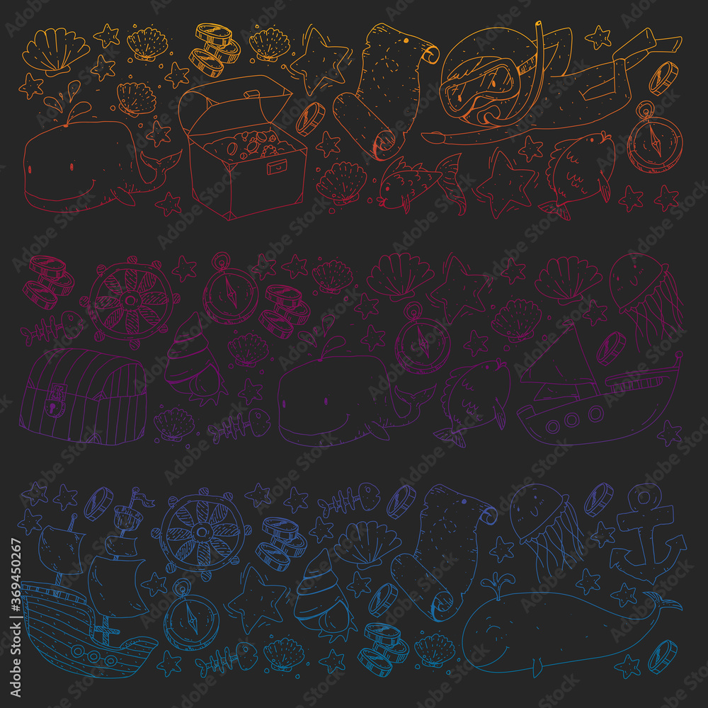 Vector icons of sea ocean adventure for little children. Nautical ...