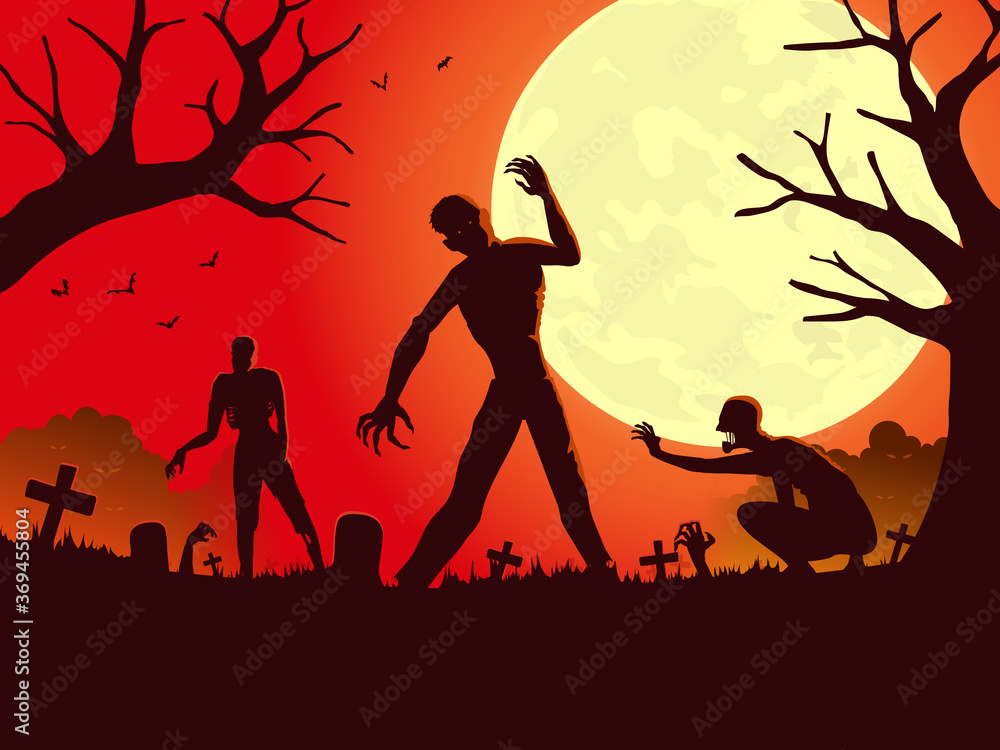 Zombie resurrection from the grave in full moon night and rampage ...